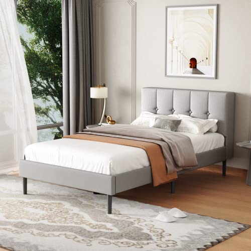 Twin Upholstered Bed Frame with Tufted Button Headboard, Platform Bed with Wood Slats Support and Stitched Headboard, Mattress Foundation, No Box Spring Needed, Easy Assembly, Noise Free, Light Gray