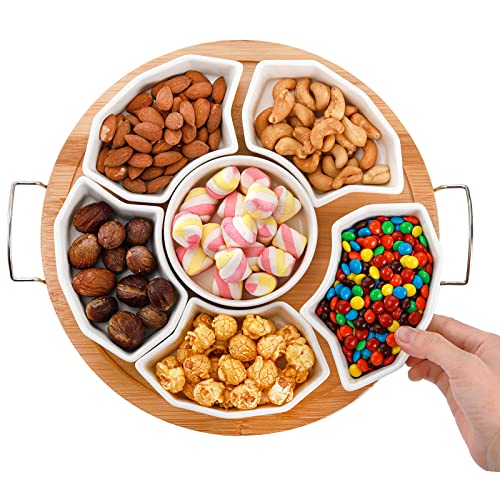 ZENFUN 11.3'' Ceramic Divided Dishes with Bamboo Tray, 6-Compartment Appetizer Tray Removable Snack Bowls, Round Sectional Serving Platter for Candy and Nut, Fruits, Condiment, Party