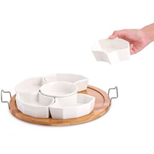 ZENFUN 11.3'' Ceramic Divided Dishes with Bamboo Tray, 6-Compartment Appetizer Tray Removable Snack Bowls, Round Sectional Serving Platter for Candy and Nut, Fruits, Condiment, Party