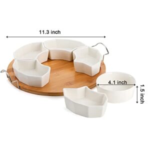 ZENFUN 11.3'' Ceramic Divided Dishes with Bamboo Tray, 6-Compartment Appetizer Tray Removable Snack Bowls, Round Sectional Serving Platter for Candy and Nut, Fruits, Condiment, Party