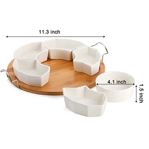 ZENFUN 11.3'' Ceramic Divided Dishes with Bamboo Tray, 6-Compartment Appetizer Tray Removable Snack Bowls, Round Sectional Serving Platter for Candy and Nut, Fruits, Condiment, Party