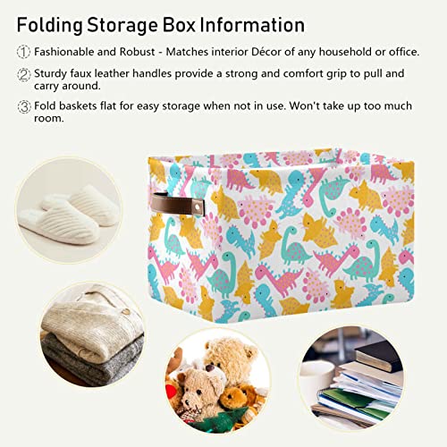 Kigai Dinosaur Storage Basket Collapsible Rectangle Storage Bin Shelves Basket Organizer with Leather Handle for Closet, Office, Nursery, Home Decor