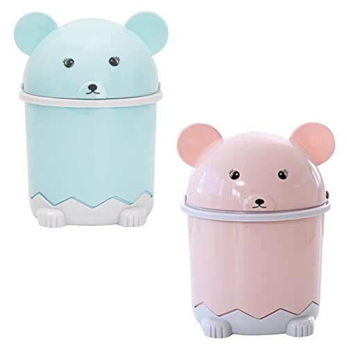 Mini Trash Can with Lid Desktop Cartoon Garbage Bucket Small Garbage Can Tiny Waste Basket Covered Closable Trash Bin for Office Pink Blue 2pcs