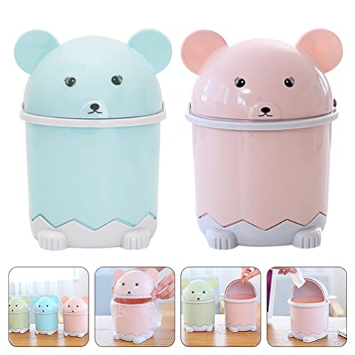 Mini Trash Can with Lid Desktop Cartoon Garbage Bucket Small Garbage Can Tiny Waste Basket Covered Closable Trash Bin for Office Pink Blue 2pcs