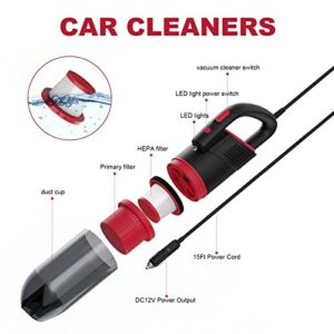 LENDOO Car Vacuum, Portable Car Vacuum Cleaner High Power 12000PA/DC12V, 15Ft Corded Handheld Vacuum, Large Capacity Auto Accessories Kit for Interior Cleaning Detailing - Black & Red