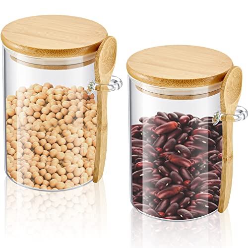 Tessco Set of 2 Airtight Glass Jars with Bamboo Lids and Spoons Glass Canisters Glass Jars Lid Sealed Sugar Container Glass Coffee Containers Food Jars Canisters for Kitchen Spice Beans (17oz)