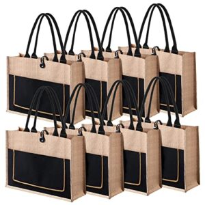 8 pcs burlap tote bags with handles bulk jute tote bags with canvas front pocket large burlap bags beach bag set reusable grocery bags bridesmaid tote bags for women wedding picnic travel work