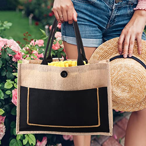 8 Pcs Burlap Tote Bags with Handles Bulk Jute Tote Bags with Canvas Front Pocket Large Burlap Bags Beach Bag Set Reusable Grocery Bags Bridesmaid Tote Bags for Women Wedding Picnic Travel Work