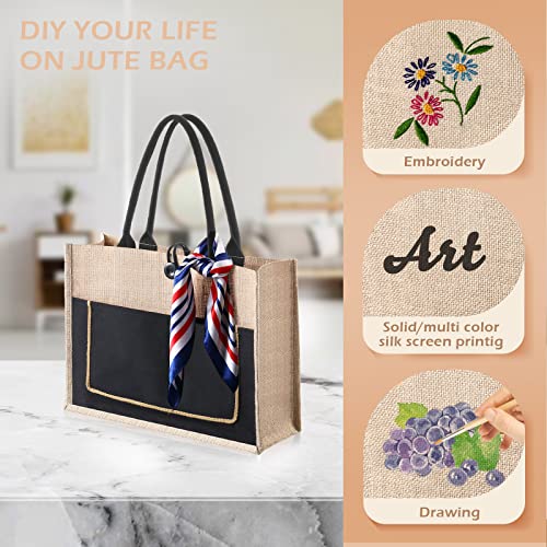 8 Pcs Burlap Tote Bags with Handles Bulk Jute Tote Bags with Canvas Front Pocket Large Burlap Bags Beach Bag Set Reusable Grocery Bags Bridesmaid Tote Bags for Women Wedding Picnic Travel Work