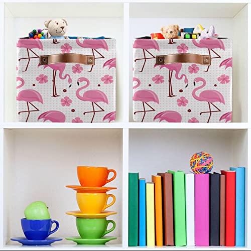 Kigai Flamingo Storage Basket Collapsible Rectangle Storage Bin Shelves Basket Organizer with Leather Handle for Closet, Office, Nursery, Home Decor