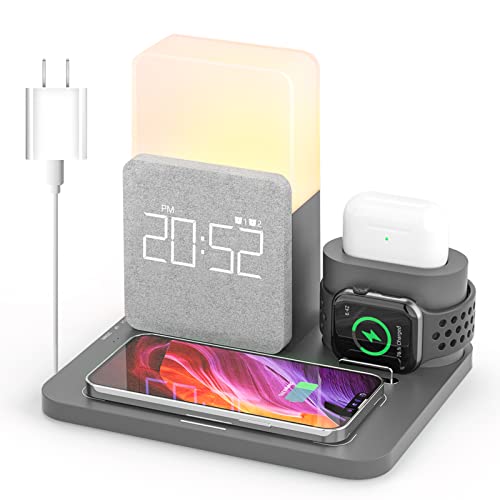 Wireless Charging Station, 3 in 1 Charging Station, Alarm Clock with Wireless Charger, Night Light, iPhone 12/13/14 Pro/13 Mini/13 Pro Max/12 pro, AirPods (Adapter Included)