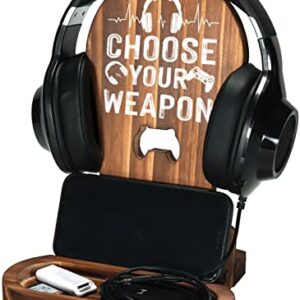 CryCarrot Gamer Gifts for Teenage Boys, Gaming Headphone Stand for Men, Gaming Room Desk Decor Wooden Headset Holder, Son Boyfriend Husband Game Lover Gifts -Choose Your Weapon