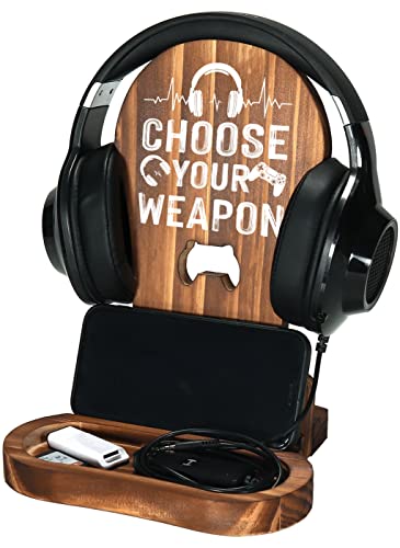 CryCarrot Gamer Gifts for Teenage Boys, Gaming Headphone Stand for Men, Gaming Room Desk Decor Wooden Headset Holder, Son Boyfriend Husband Game Lover Gifts -Choose Your Weapon