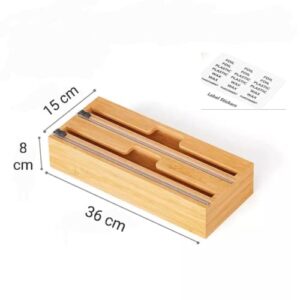 New Size 2 in 1 Wrap Dispenser with Cutter and Labels, Plastic Wrap, Aluminum Foil and Wax Paper Dispenser for Kitchen Drawer, Bamboo Roll Organizer Holder, Size 36cmx8cmx15cm