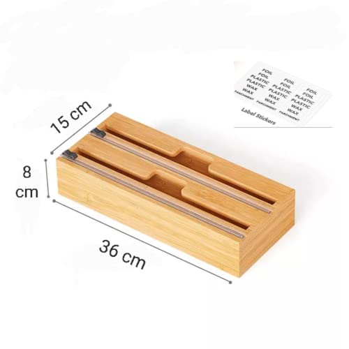 New Size 2 in 1 Wrap Dispenser with Cutter and Labels, Plastic Wrap, Aluminum Foil and Wax Paper Dispenser for Kitchen Drawer, Bamboo Roll Organizer Holder, Size 36cmx8cmx15cm