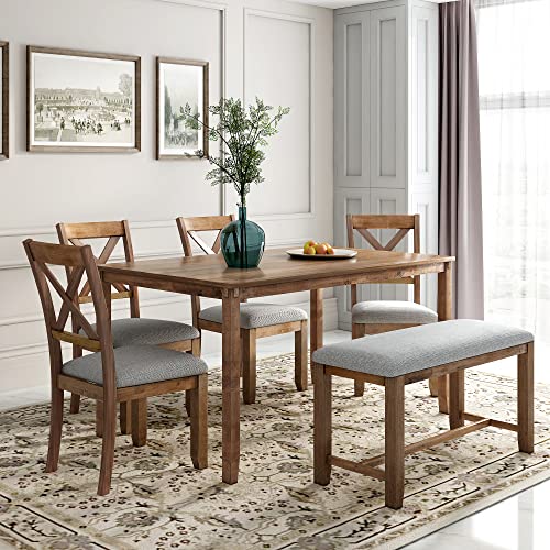 Merax 6-Piece Wooden Dining Rectangular Table Set, 4 Chairs and Bench with Cushion, Kitchen Family Furniture, Natural Cherry + Beige