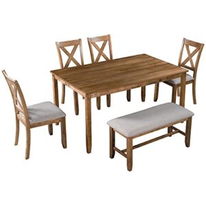 Merax 6-Piece Wooden Dining Rectangular Table Set, 4 Chairs and Bench with Cushion, Kitchen Family Furniture, Natural Cherry + Beige