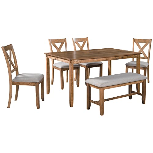 Merax 6-Piece Wooden Dining Rectangular Table Set, 4 Chairs and Bench with Cushion, Kitchen Family Furniture, Natural Cherry + Beige