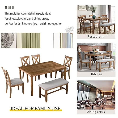 Merax 6-Piece Wooden Dining Rectangular Table Set, 4 Chairs and Bench with Cushion, Kitchen Family Furniture, Natural Cherry + Beige