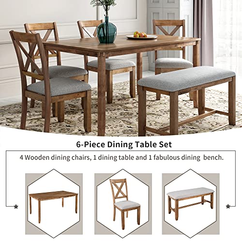 Merax 6-Piece Wooden Dining Rectangular Table Set, 4 Chairs and Bench with Cushion, Kitchen Family Furniture, Natural Cherry + Beige