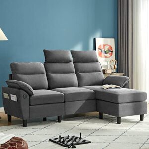 linsy home convertible sectional couch, 3 seat l shaped sofa with 2 usb ports and storage bags, small sectional sofa set for living room, apartment, dark gray