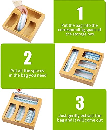 Food Ziplock Bag Storage Organizer For Kitchen Drawer, Bamboo Baggie Holder, Compatible With Ziploc, Solimo, Glad, Hefty For Gallon, Quart, Sandwich And Snack Variety Size Bags(1 Box 4 Slots)