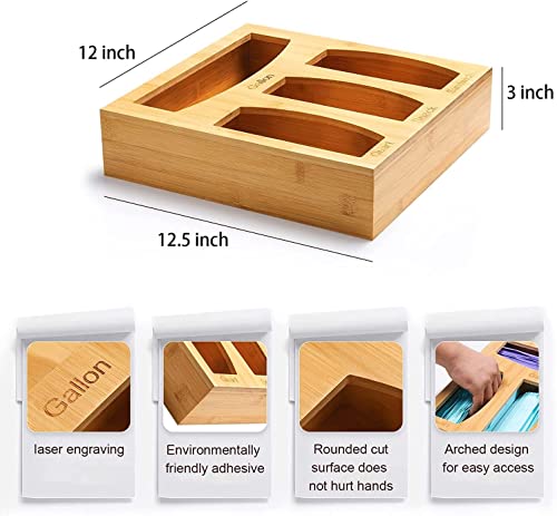 Food Ziplock Bag Storage Organizer For Kitchen Drawer, Bamboo Baggie Holder, Compatible With Ziploc, Solimo, Glad, Hefty For Gallon, Quart, Sandwich And Snack Variety Size Bags(1 Box 4 Slots)