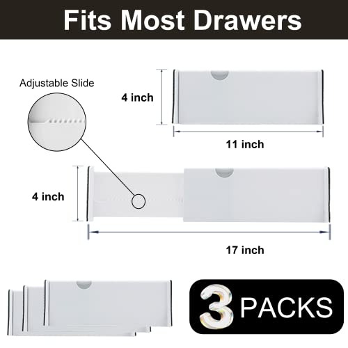 3 PC Expandable Drawer Organizer Dividers for Clothing, Baby Clothes, Underwear, Makeup, Kitchen Utensils - Adjustable Dresser Drawer Divider 11-17 Inch, Updated Multifunctional Drawer Organizers