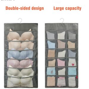 Hanging Bra Closet Organizer and Storage Pockets Wall Organizer 24 Pockets Enlarged Hanging Mesh Pockets Dual Sided Wall Closet Underwear,Bra,Socks,Accessories with Hanger (Grey)