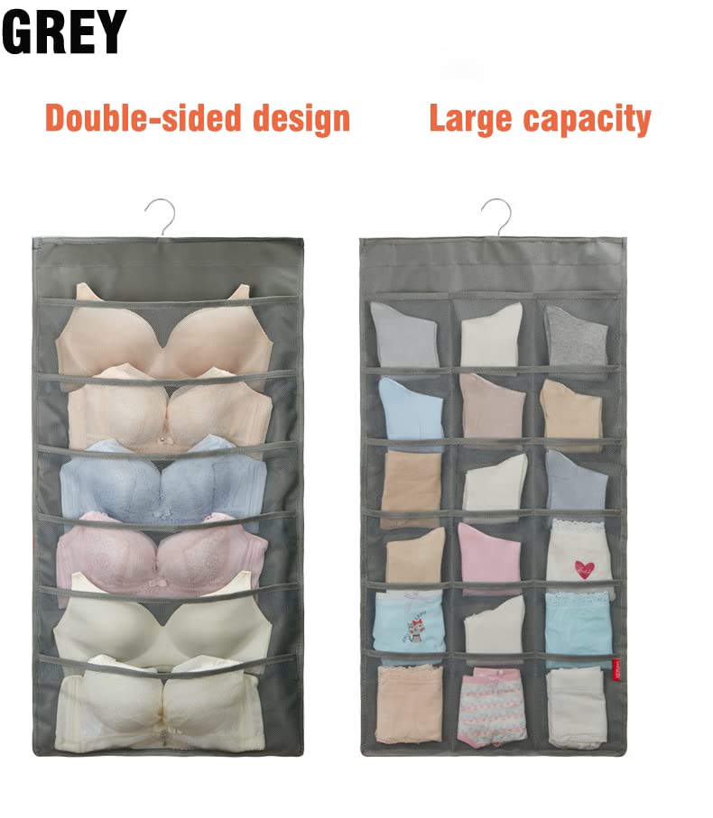 Hanging Bra Closet Organizer and Storage Pockets Wall Organizer 24 Pockets Enlarged Hanging Mesh Pockets Dual Sided Wall Closet Underwear,Bra,Socks,Accessories with Hanger (Grey)