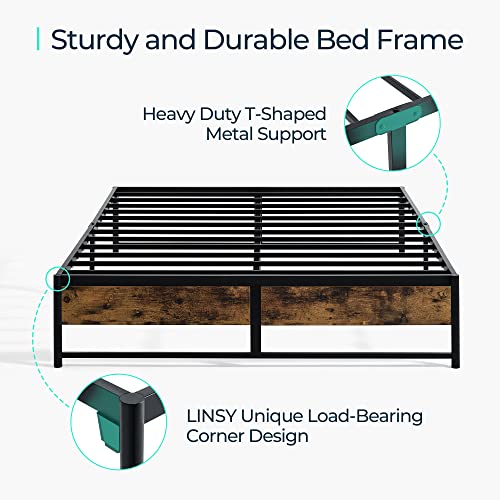 LINSY LIVING Queen Bed Frame 14 Inch 3 Minutes Fast Assembly, Metal Heavy Duty Platform Bed Frame Queen Size with Storage, Noise Free Mattress Foundation No Box Spring Needed, Black