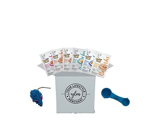 Fancy Feast Broths for Cats Variety Pack Bundle / 12 Pouches Total /2 Cat Nip Mouse Toys & Your Lifestyle Merchant Measuring Spoon