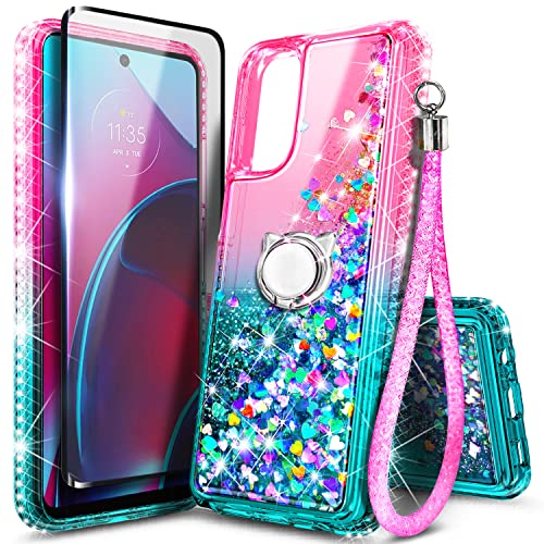 NZND Compatible with Motorola Moto G Stylus 5G (2022) Case with Tempered Glass Screen Protector (Maximum Coverage), Ring Holder/Wrist Strap, Glitter Liquid Floating Waterfall Cute Case (Pink/Aqua)