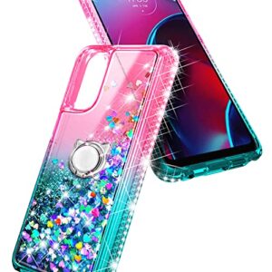 NZND Compatible with Motorola Moto G Stylus 5G (2022) Case with Tempered Glass Screen Protector (Maximum Coverage), Ring Holder/Wrist Strap, Glitter Liquid Floating Waterfall Cute Case (Pink/Aqua)