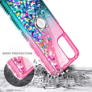 NZND Compatible with Motorola Moto G Stylus 5G (2022) Case with Tempered Glass Screen Protector (Maximum Coverage), Ring Holder/Wrist Strap, Glitter Liquid Floating Waterfall Cute Case (Pink/Aqua)