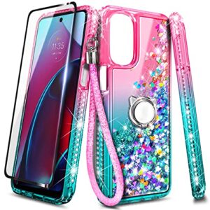 NZND Compatible with Motorola Moto G Stylus 5G (2022) Case with Tempered Glass Screen Protector (Maximum Coverage), Ring Holder/Wrist Strap, Glitter Liquid Floating Waterfall Cute Case (Pink/Aqua)