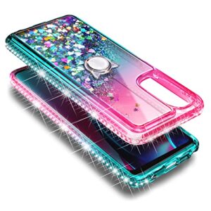 NZND Compatible with Motorola Moto G Stylus 5G (2022) Case with Tempered Glass Screen Protector (Maximum Coverage), Ring Holder/Wrist Strap, Glitter Liquid Floating Waterfall Cute Case (Pink/Aqua)