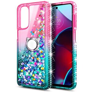 NZND Compatible with Motorola Moto G Stylus 5G (2022) Case with Tempered Glass Screen Protector (Maximum Coverage), Ring Holder/Wrist Strap, Glitter Liquid Floating Waterfall Cute Case (Pink/Aqua)