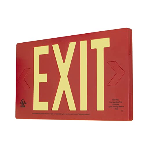 LFI Lights | Photoluminescent Exit Sign | Red Thermoplastic Housing | 50' Viewing Distance | Wall, Ceiling, or Side Mount | Single Sided | Optional Knockout Arrows | UL Listed | PA3-R-50-S