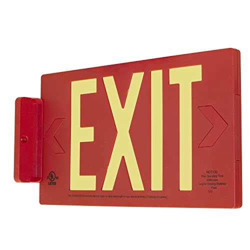 LFI Lights | Photoluminescent Exit Sign | Red Thermoplastic Housing | 50' Viewing Distance | Wall, Ceiling, or Side Mount | Single Sided | Optional Knockout Arrows | UL Listed | PA3-R-50-S