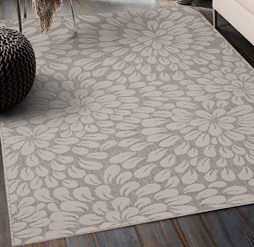 Sherloom Modern Bohemian Floral Indoor Outdoor Area Rug Weather Resistant Outdoor Carpet for Porch Deck Balcony Backyard Patio Rug 5x8 Gray