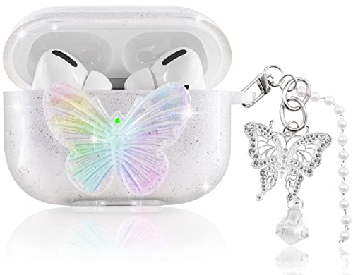 Aiiko AirPods Pro Case Cover, iPod Pro Case with Butterfly Keychain Clear Glitter Soft TPU iPod Pro Earbuds Case for Women Girl Shockproof Protective Case for Apple Airpod Pro(2019)