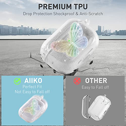 Aiiko AirPods Pro Case Cover, iPod Pro Case with Butterfly Keychain Clear Glitter Soft TPU iPod Pro Earbuds Case for Women Girl Shockproof Protective Case for Apple Airpod Pro(2019)