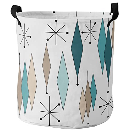 Laundry Basket Teal Vintage Geometric Rhombus Patterns,Waterproof Collapsible Clothes Hamper Mid-Century Modern Style,Large Storage Bag for Bedroom Bathroom 42L