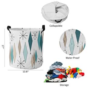 Laundry Basket Teal Vintage Geometric Rhombus Patterns,Waterproof Collapsible Clothes Hamper Mid-Century Modern Style,Large Storage Bag for Bedroom Bathroom 42L