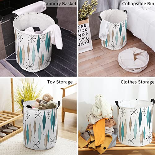 Laundry Basket Teal Vintage Geometric Rhombus Patterns,Waterproof Collapsible Clothes Hamper Mid-Century Modern Style,Large Storage Bag for Bedroom Bathroom 42L