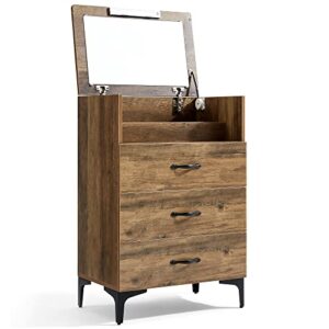 linsy home dresser with mirror, chests of drawers with antique handles wood dresser with 3 drawers, storage drawer with makeup organizer & anti-tipping device, oak brown