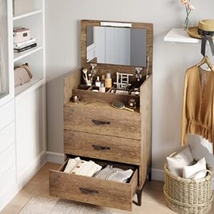 LINSY HOME Dresser with Mirror, Chests of Drawers with Antique Handles Wood Dresser with 3 Drawers, Storage Drawer with Makeup Organizer & Anti-Tipping Device, Oak Brown