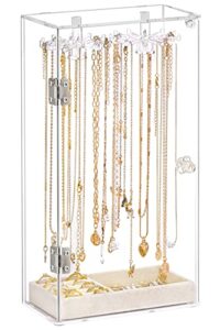 boailydi acrylic necklace holder, necklace organizer, rotatable clear jewelry organizer display case for long necklaces pendant bracelets, jewelry holder with beige velvet tray for rings earrings