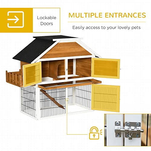 PawHut Rabbit Hutch Outdoor for 2 Rabbits, Wooden Rabbit Cage with Flower Bed, Removable Tray, Ramp